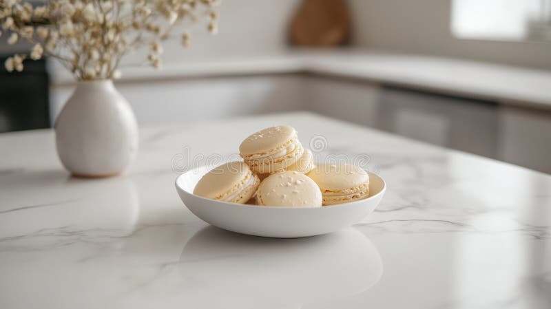 A Plate of Cream-colored Macarons on a Marble Countertop Stock ...