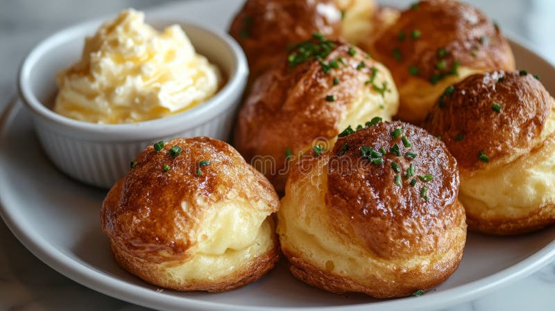 Plate of Cream Puffs with Cream Filling and Chives. Stock Image - Image ...