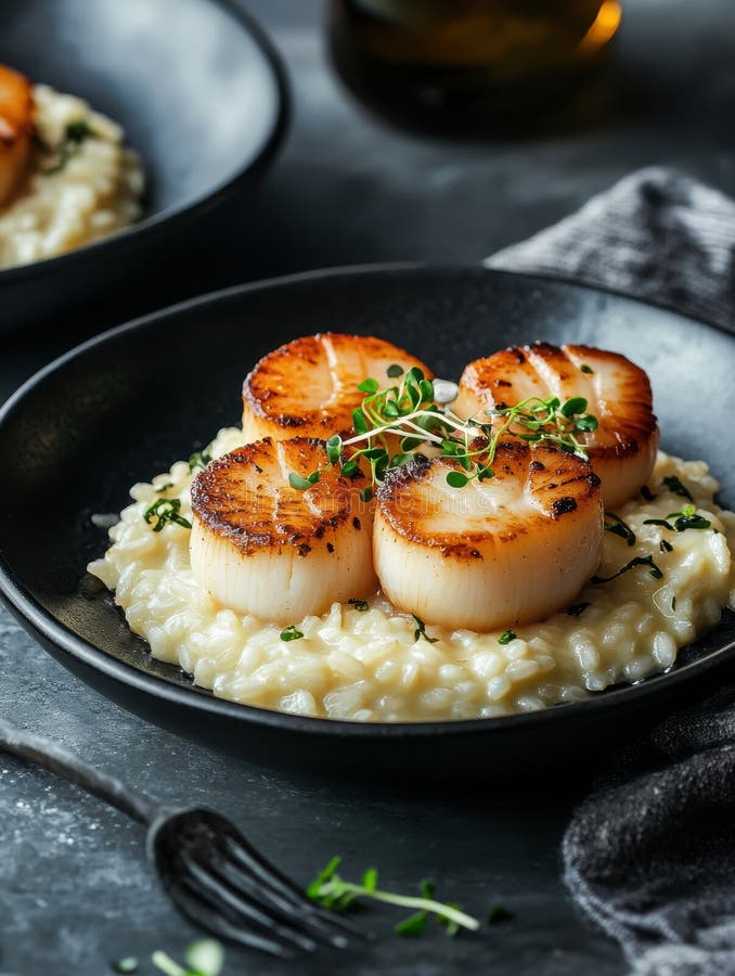 A Plate of Creamy Risotto Topped with Seared Scallops and Garnished ...