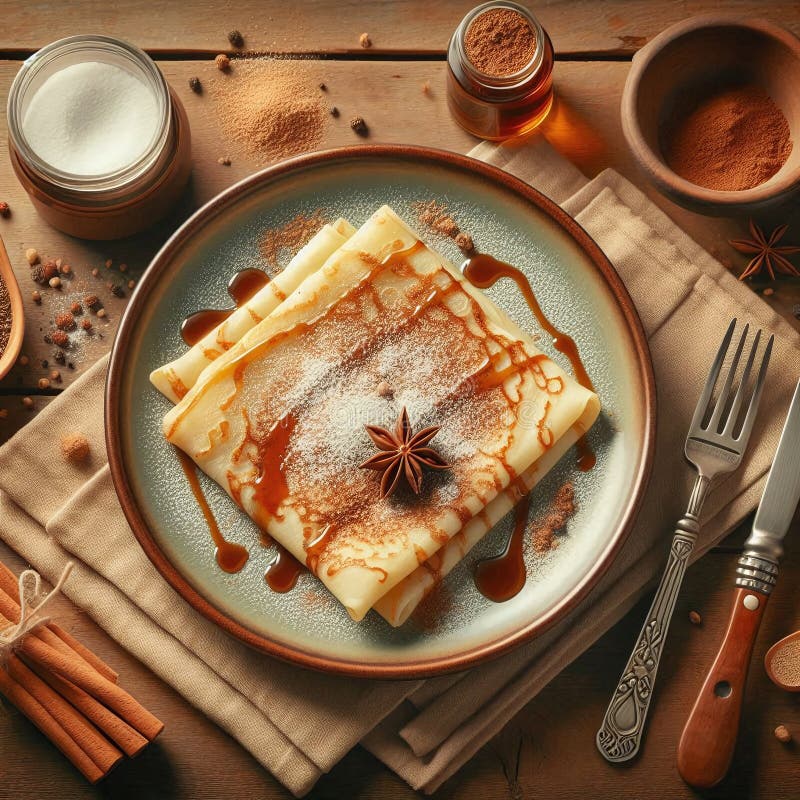 A Plate of Crepes with Syrup and Sugar on a Rustic Table Set for ...