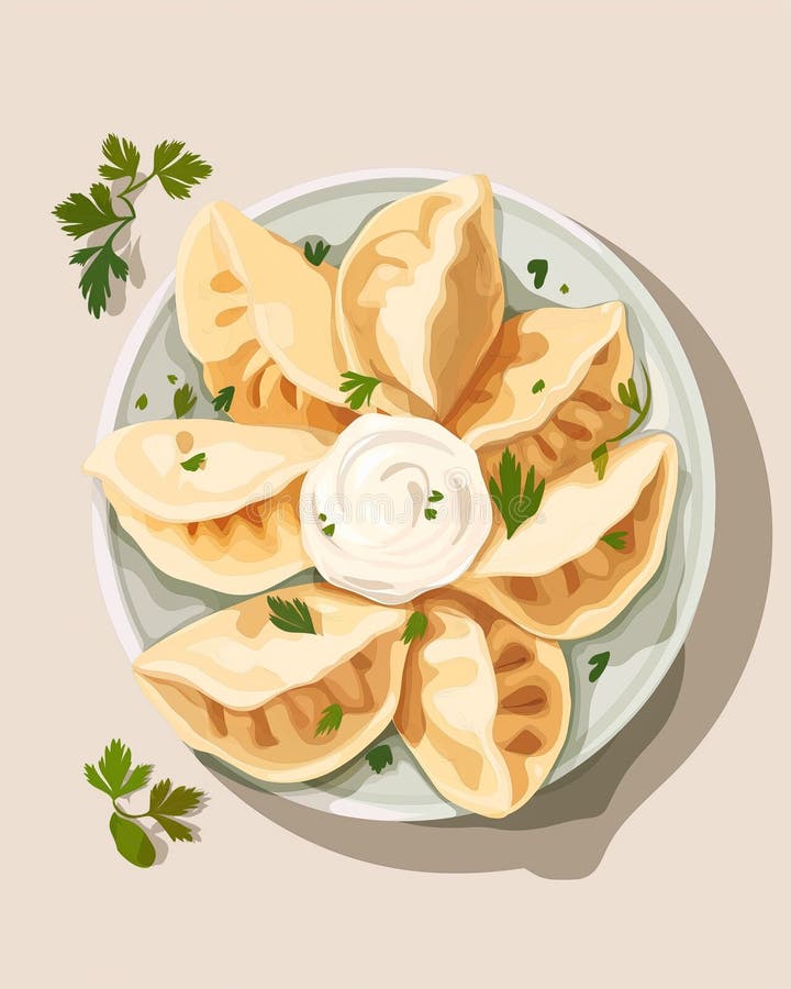 Flat Illustration of Dumplings with Sour Cream Ai Stock Illustration ...