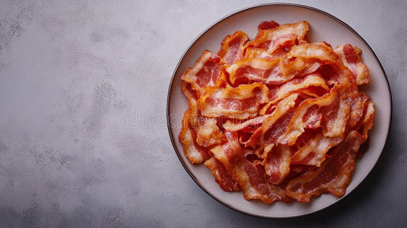 Plate of Crispy Fried Bacon on a Gray Surface. Stock Photo - Image of ...