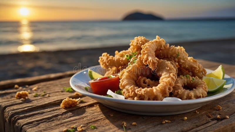 A Plate of Crispy Fried Calamari with Lime and Tomato, Set Against a ...