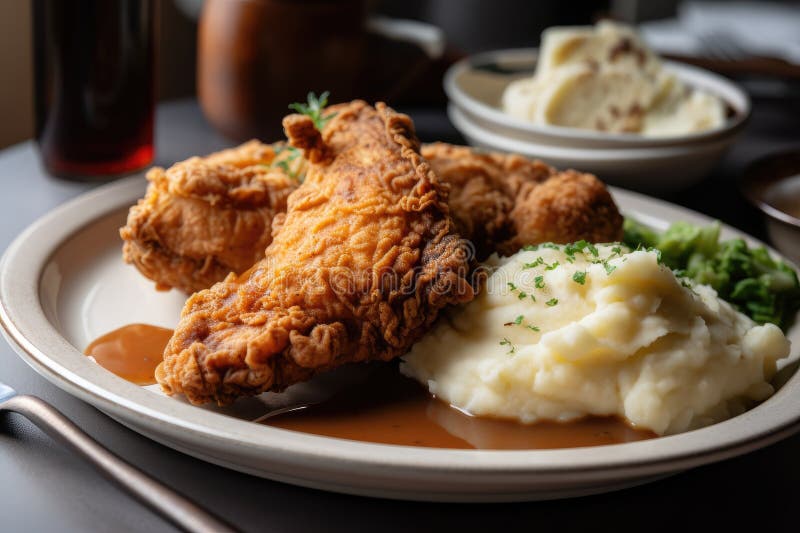 Plate of Crispy Fried Chicken, Mashed Potatoes, and Gravy Stock ...