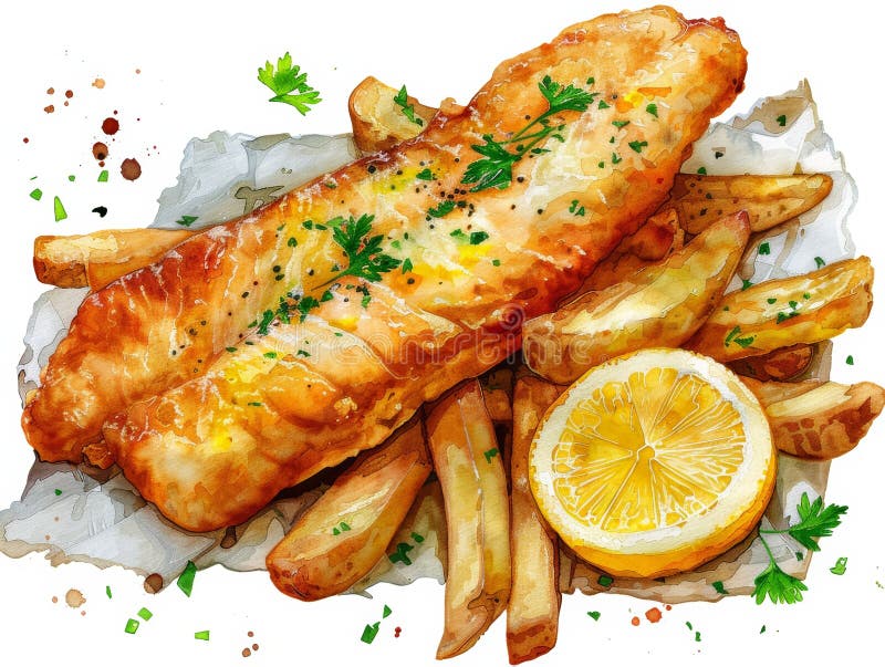 A Plate of Crispy Fried Fish and Chips with a Lemon Wedge and Parsley ...