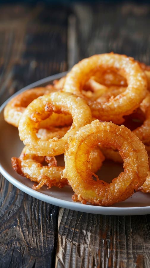 Plate of Crispy Onion Rings on Rustic Wooden Table Stock Image - Image ...