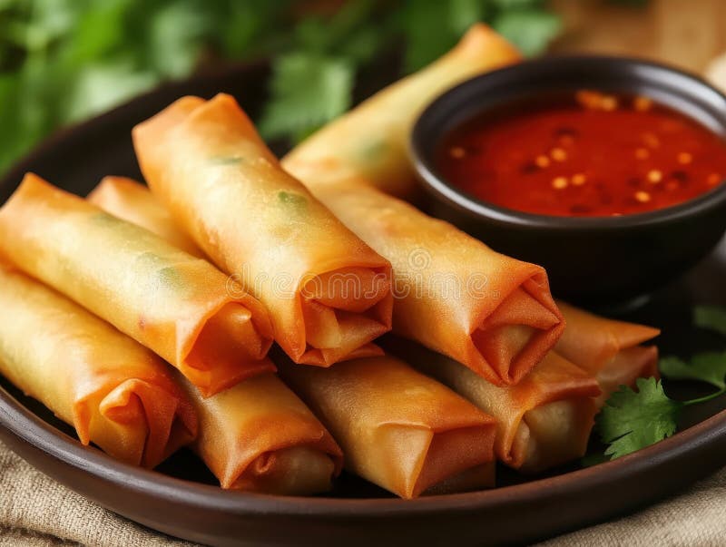 A Plate of Crispy Spring Rolls Served with a Spicy Dipping Sauce Stock ...