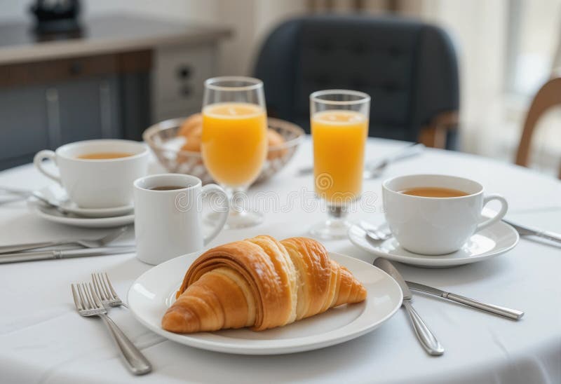 A Plate of Croissants Sits on a Table with Two Cups of Orange Juice Stock Illustration ...