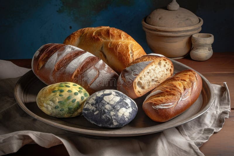 Plate of Crusty Loaves, Each with Unique Shape and Texture Stock Photo ...