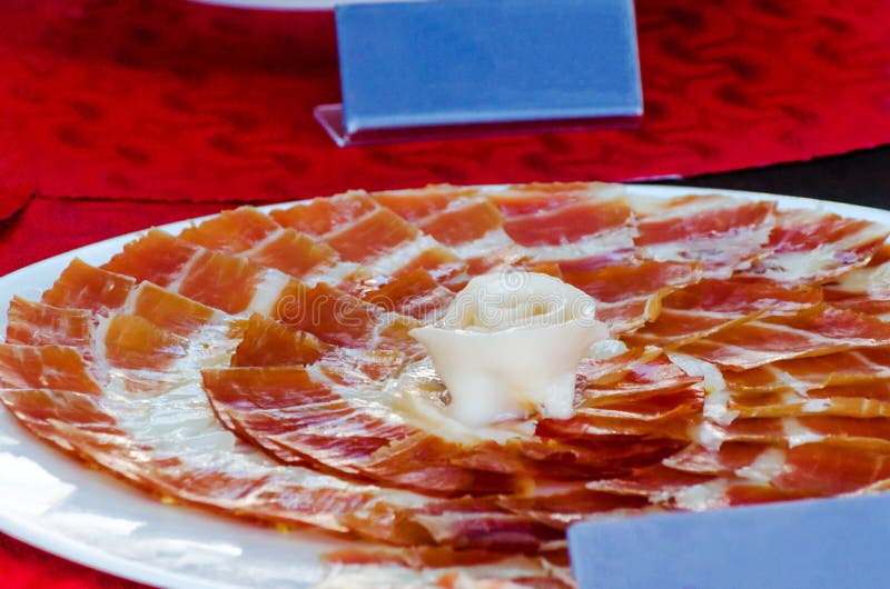 Plate with Cut Slices of Jamon Serrano, Traditional Spanish Ham Stock ...
