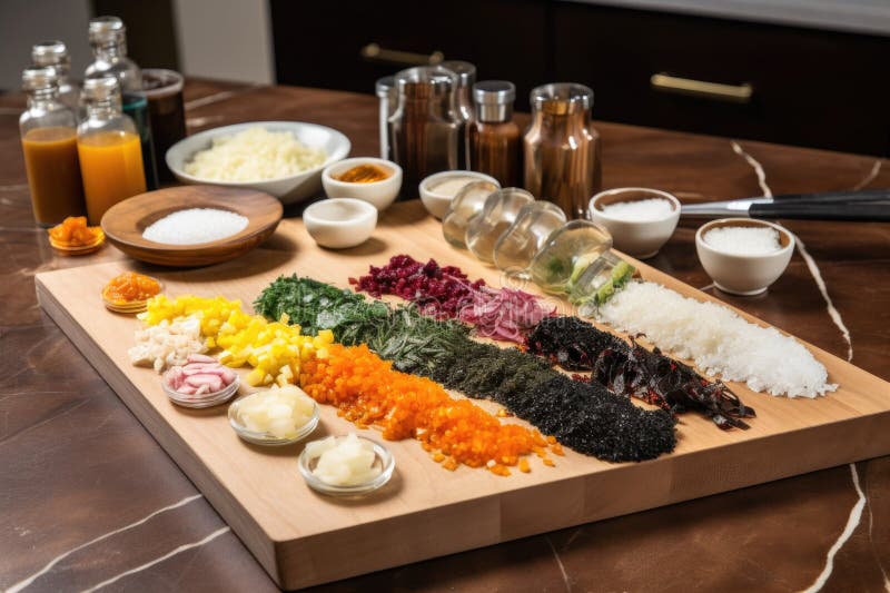 Plate of Deconstructed Sushi Roll, with Ingredients and Tools on ...