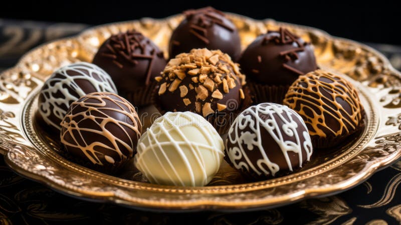 A Plate of Delectable Chocolate Truffles with Decorative Patterns Stock ...
