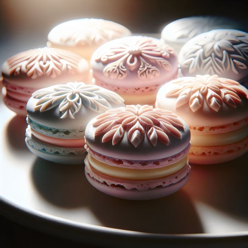 A Plate of Delicate Macarons with Intricate Snowflake Designs. Stock ...