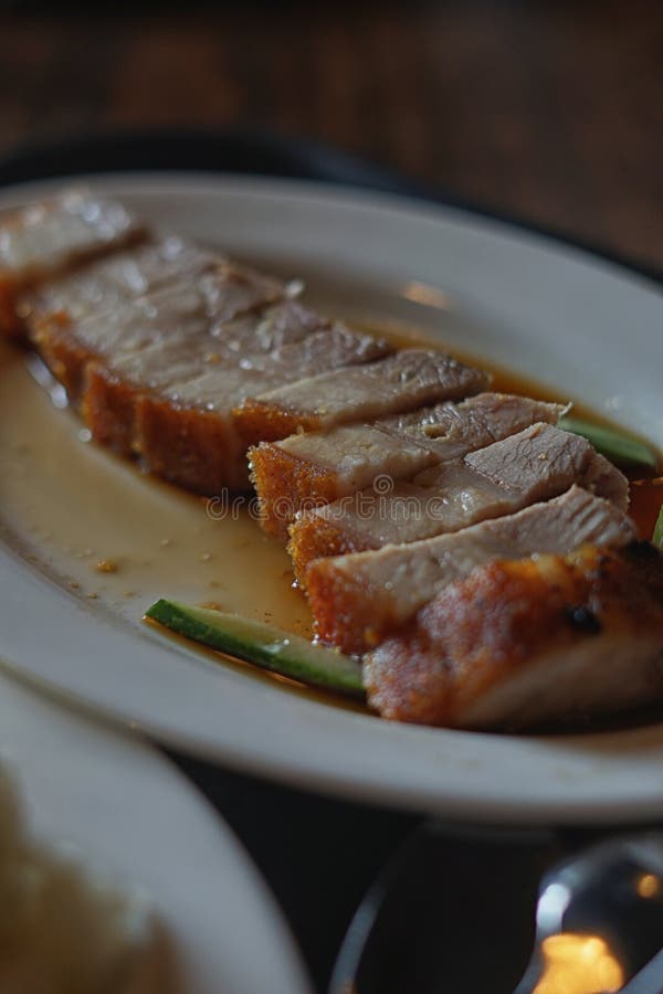 A Plate Of Delicious Asian Roasted Pork Belly Stock Image Image Of