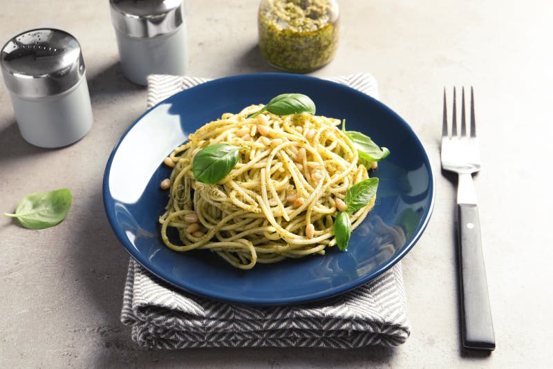 Plate of Delicious Basil Pesto Pasta Served for Dinner Stock Image ...