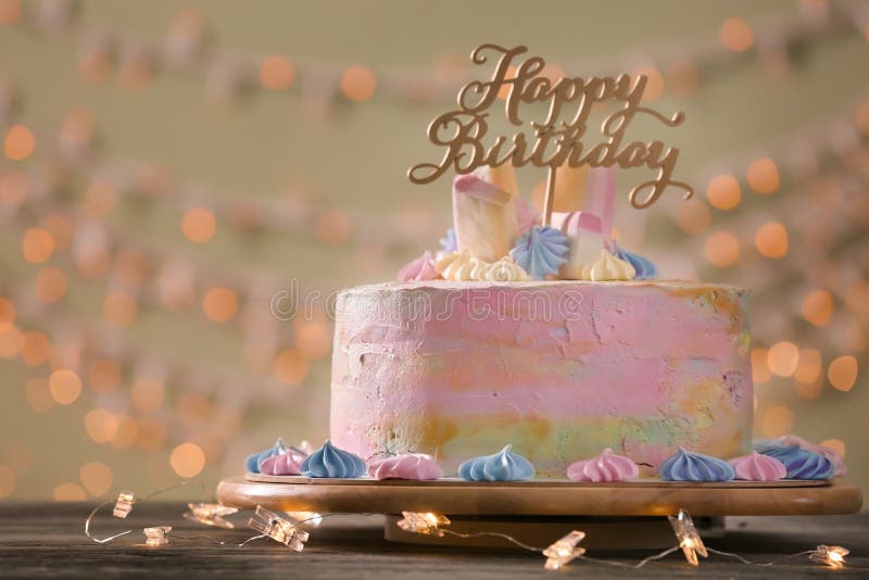 Plate with Delicious Birthday Cake on Table Against Blurred Background ...