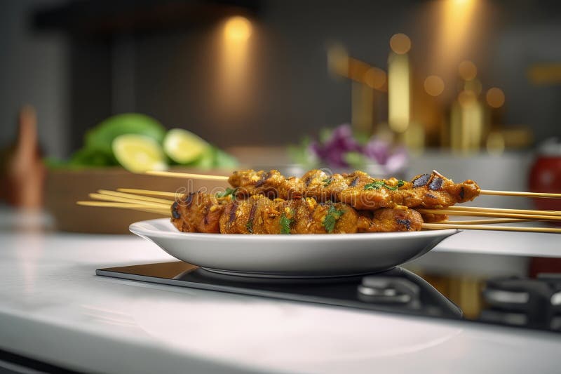 Plate of Delicious Chicken Satay on Table in Kitchen, Closeup Stock ...