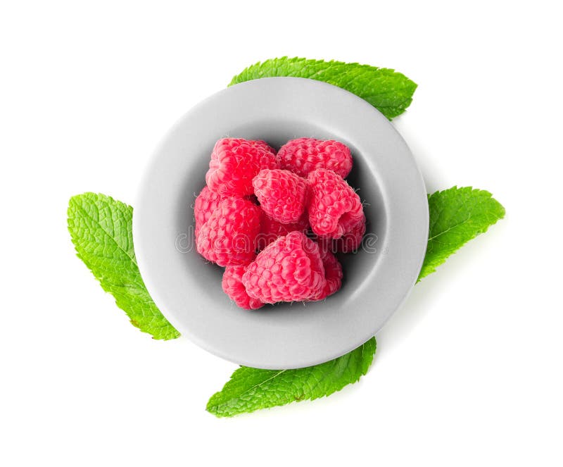 Plate with Delicious Fresh Ripe Raspberries on White Background Stock ...