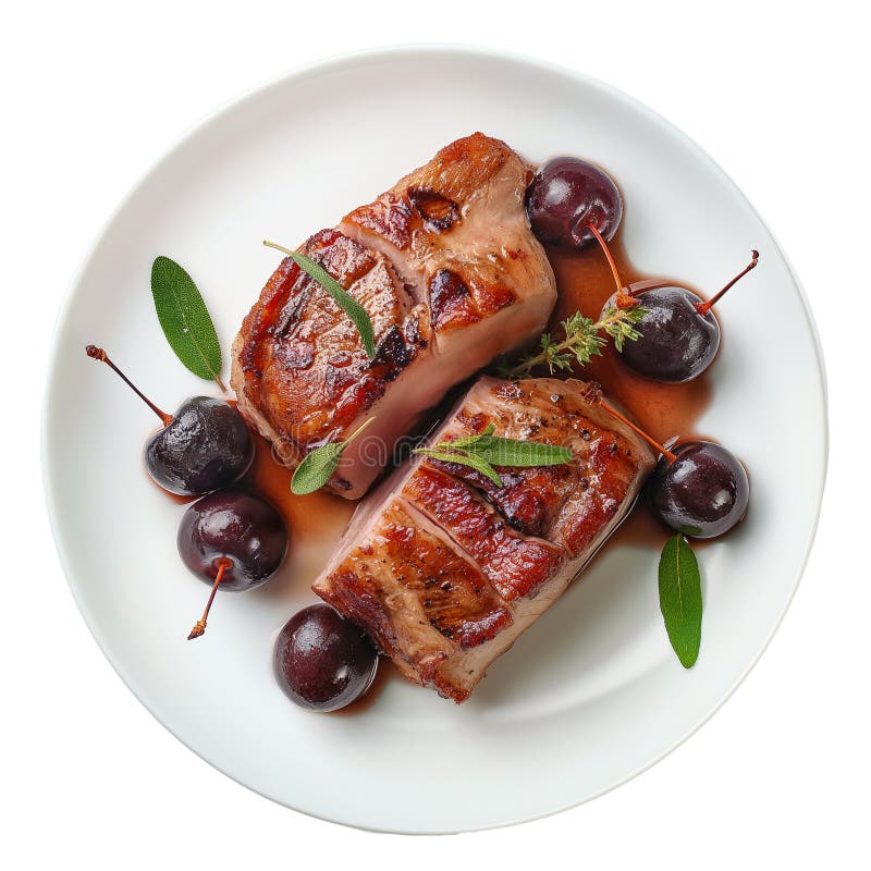 Plate with Delicious Grilled Duck Fillet and Cherry Isolated on ...