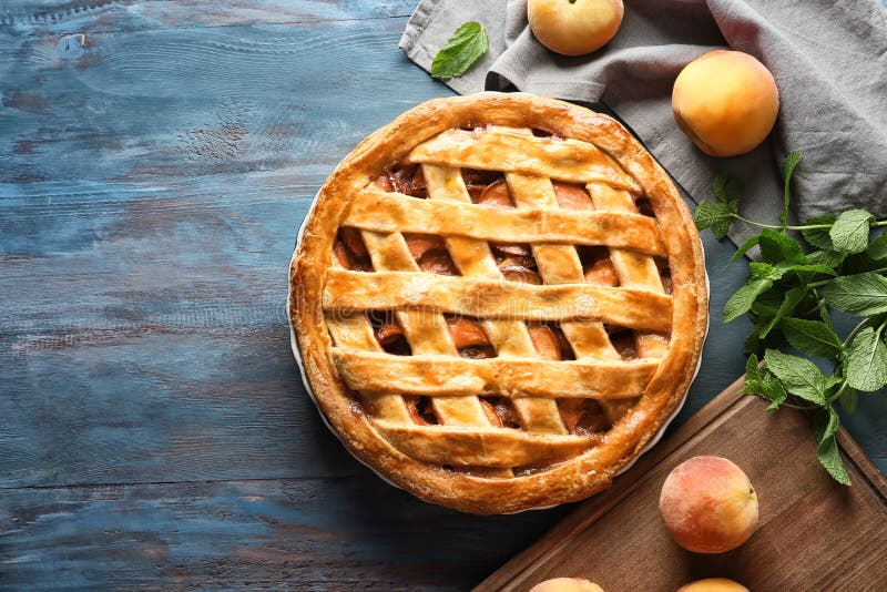 Plate with Delicious Peach Pie on Wooden Table Stock Photo - Image of ...