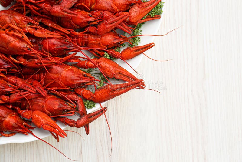 Plate with Delicious Red Boiled Crayfish on White Wooden Table, Top ... Plate with Delicious Red Boiled Crayfish on White Wooden Table, Top ...