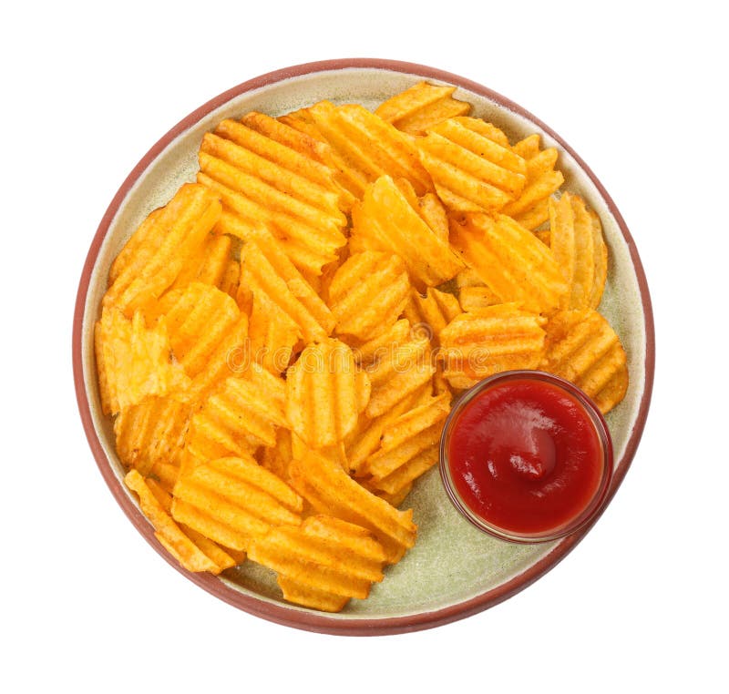 Plate of Delicious Ridged Chips with Ketchup Isolated on White, Top ...