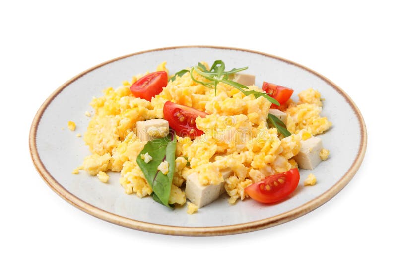 Plate Of Delicious Scrambled Eggs With Tofu And Tomatoes Isolated On