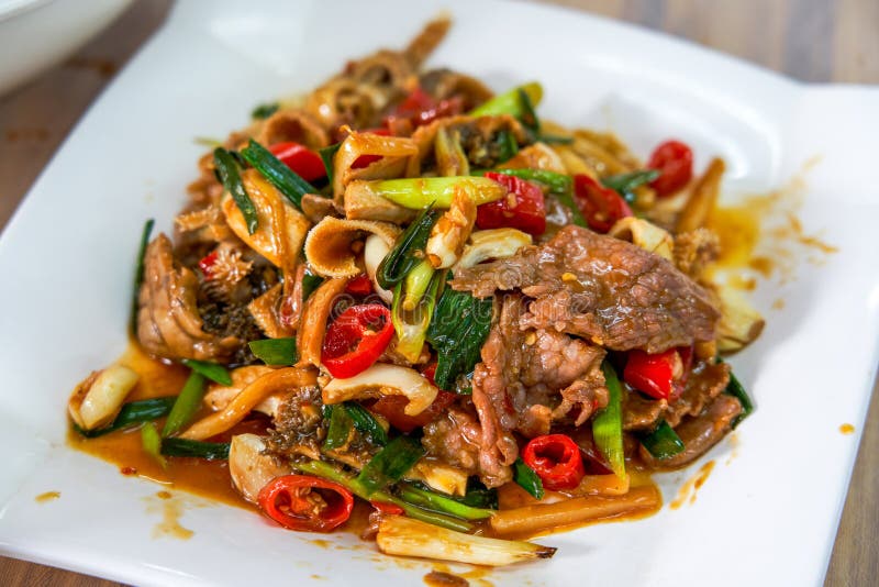 A Plate of Delicious and Tempting Stir-fried Beef Offal Stock Photo ...