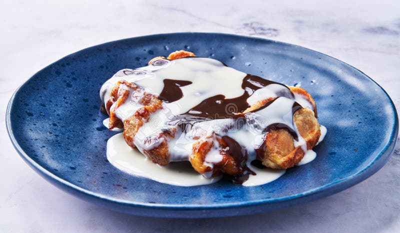 Plate of Delicious Waffle with Chocolate and Cream on Marble Surface ...