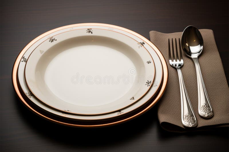 A Plate Devoid of Food, Set with a Shiny Knife, Fork, and Spoon Stock ...