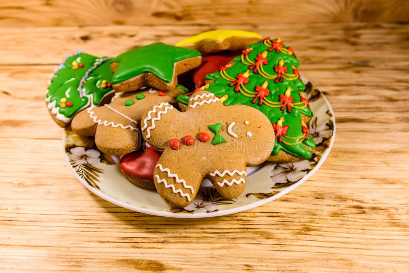 Plate with Different Christmas Gingerbread Cookies on Wooden Table ... Plate with Different Christmas Gingerbread Cookies on Wooden Table ...