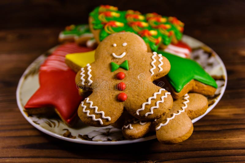 Plate with Different Christmas Gingerbread Cookies on Wooden Table ... Plate with Different Christmas Gingerbread Cookies on Wooden Table ...