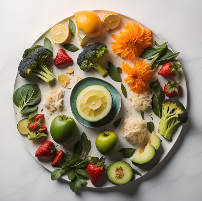 Plate with Different Fruits and Vegetablesle Table, Top View Stock ...