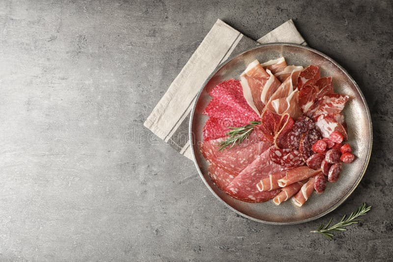 Plate with Different Meat Delicacies Served, Top View. Space for Text ...