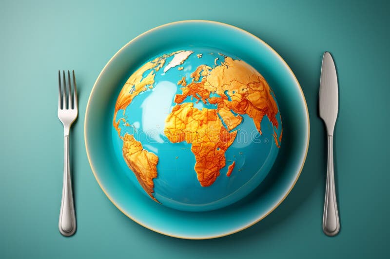 Plate Displaying a Globe with a Fork, Set on a Blue Background Stock ... Plate Displaying a Globe with a Fork, Set on a Blue Background Stock ...