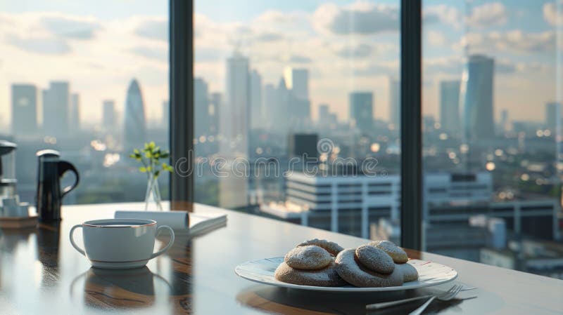 Plate of Doughnuts with a City View, Perfect for Food Blogs Stock Photo ...