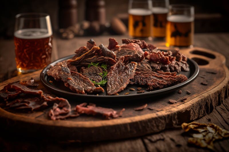 Plate with Dried Meat Snacks for Beer Generative AI Stock Illustration ...