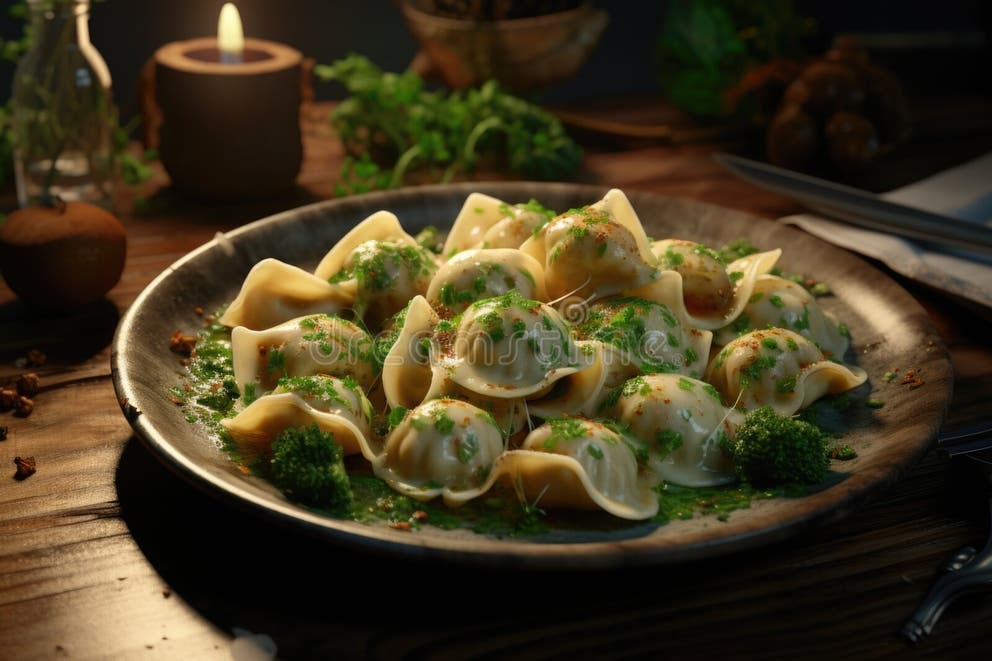 A Plate of Dumplings and Broccoli Placed on a Table. Ideal for Food and ...