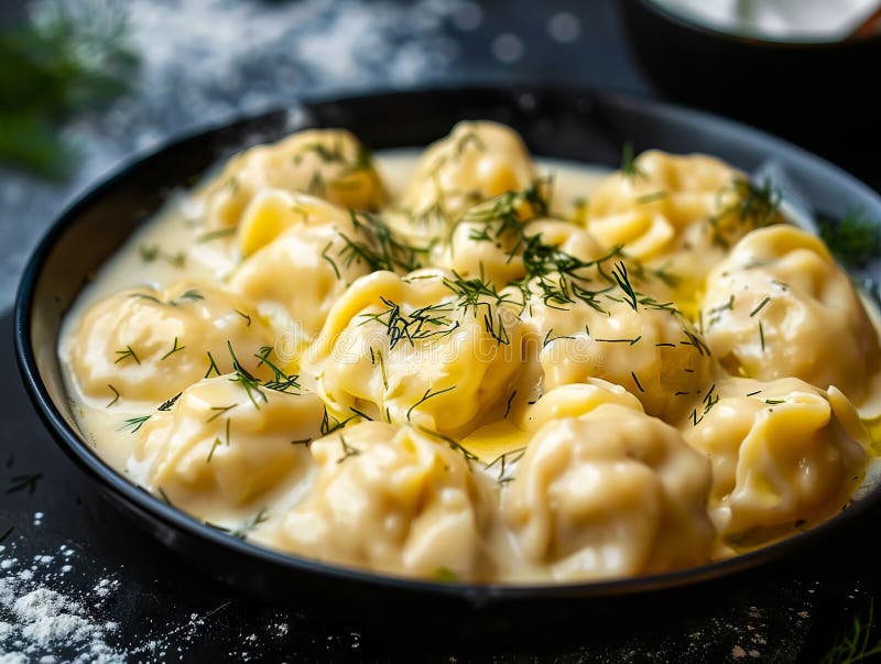 A Plate of Dumplings with Sauce and Dill on a Table Stock Photo - Image ...