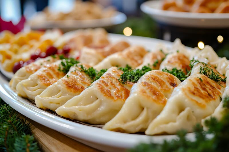 A Plate of Dumplings on a Table with Other Dishes in the Background ...