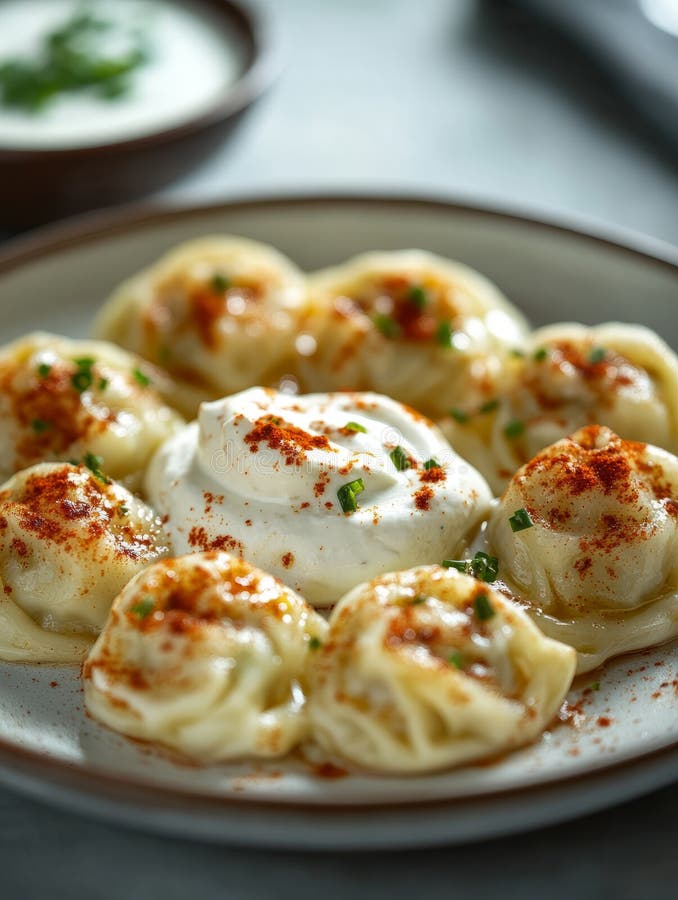 A Plate of Dumplings with Yogurt and Spices. Stock Image - Image of ...