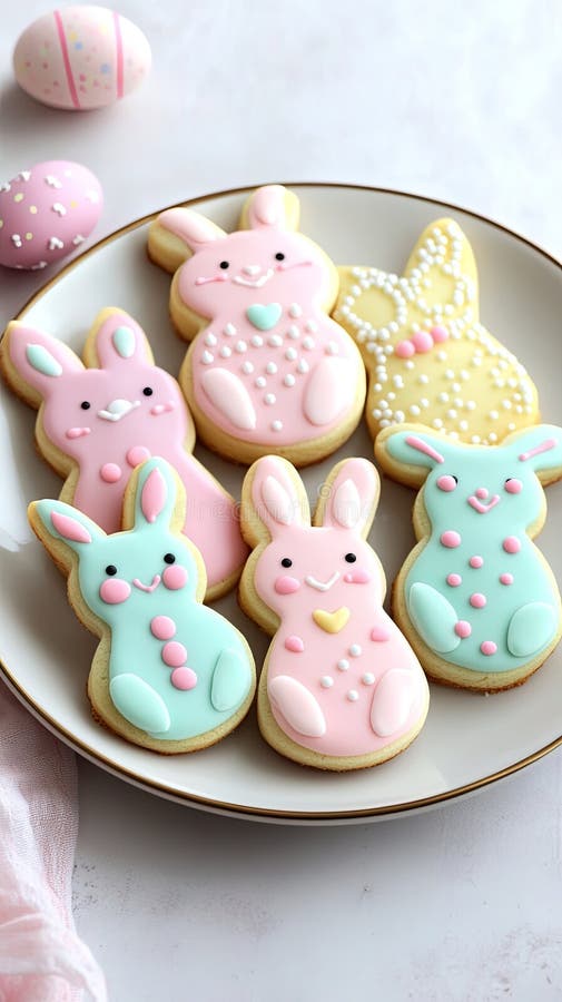 A Plate of Easter Bunny-shaped Sugar Cookies Decorated with Pastel ...