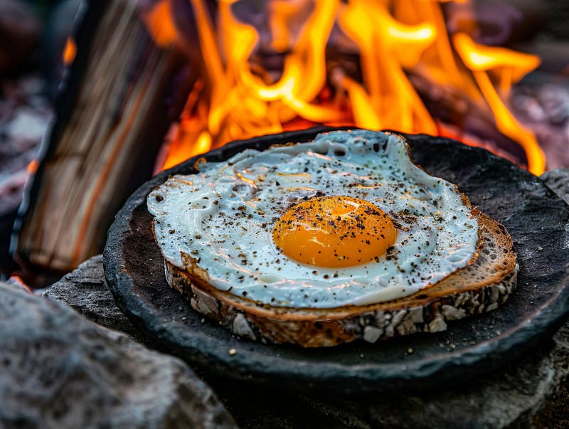 A Plate with an Egg on it Next To a Fire Stock Photo - Image of ...