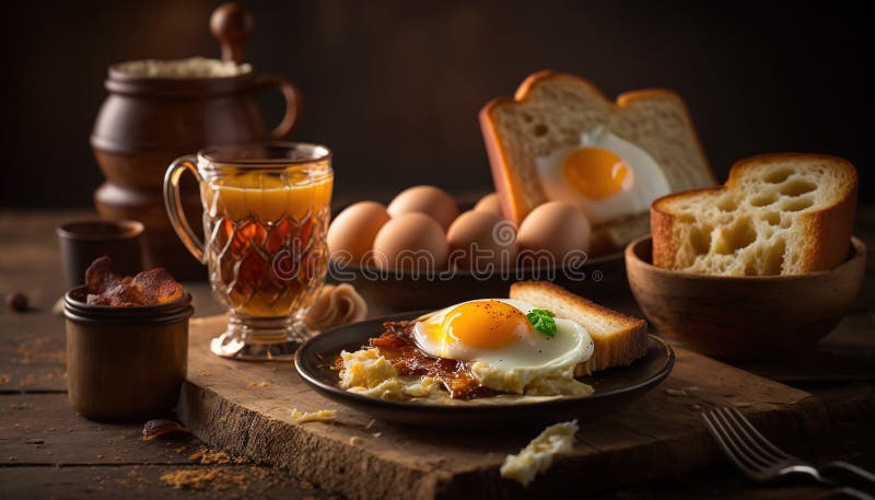 A Plate Of Eggs And Toast On A Table With A Glass Of Orange Juice Generative Ai Stock