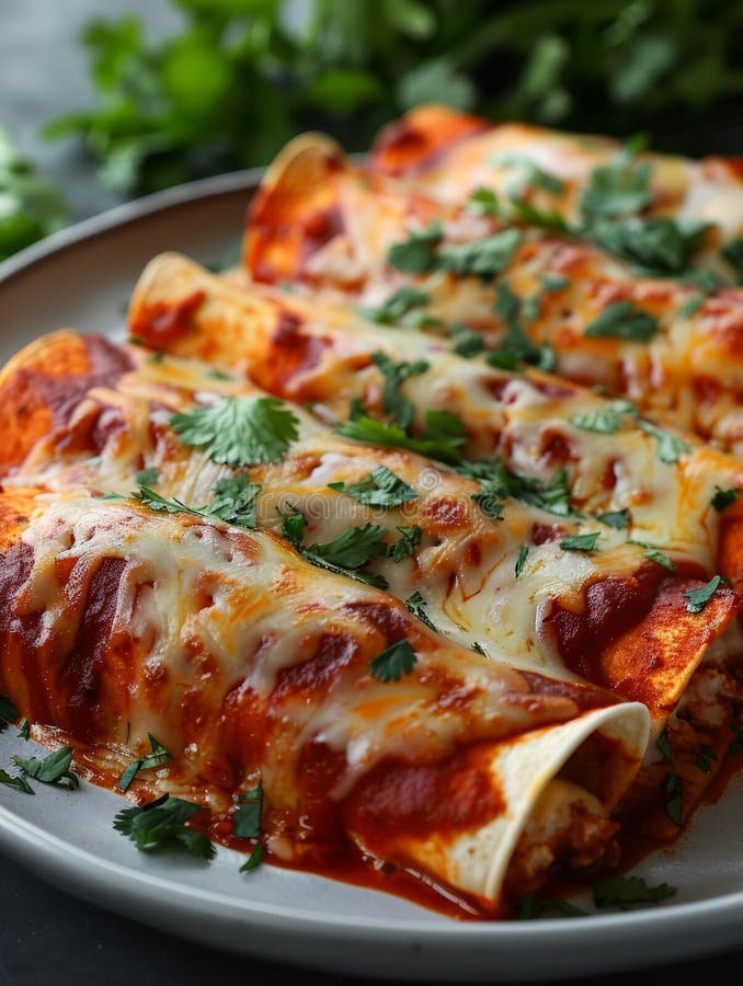 Plate Enchiladas Topped Cheese Garnished Cilantro Stock Photos - Free ...