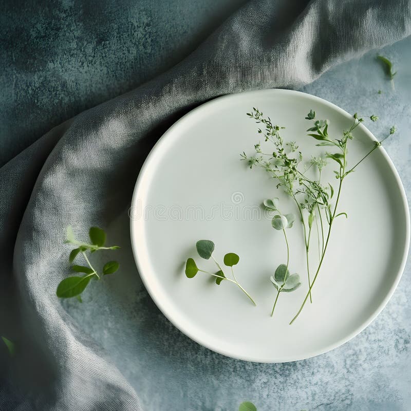 Plate with Eucalyptus and Thyme on the Table. Flat Lay, Top View Stock ...