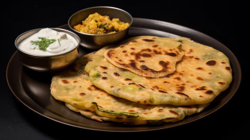 A Plate Featuring Aloo Paratha, Accompanied by Yogurt and Pickles Stock ...