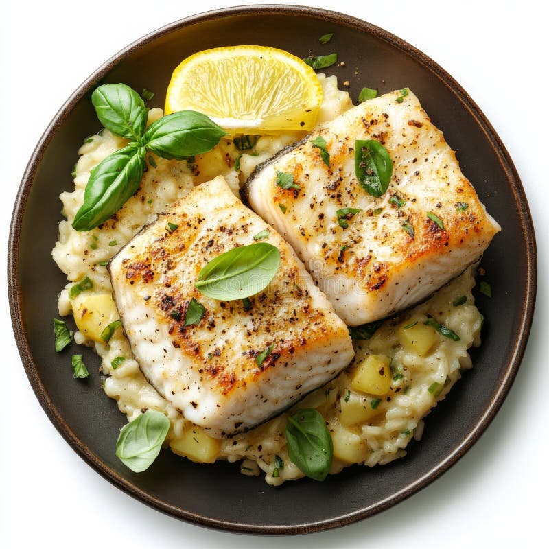 A Plate Featuring Fish, Mashed Potatoes, and Lemon Sauce, Highlighted ...