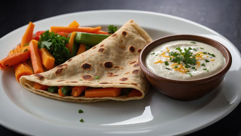 A Plate Featuring a Flatbread Wrap with Vegetables and a Creamy Dip ...