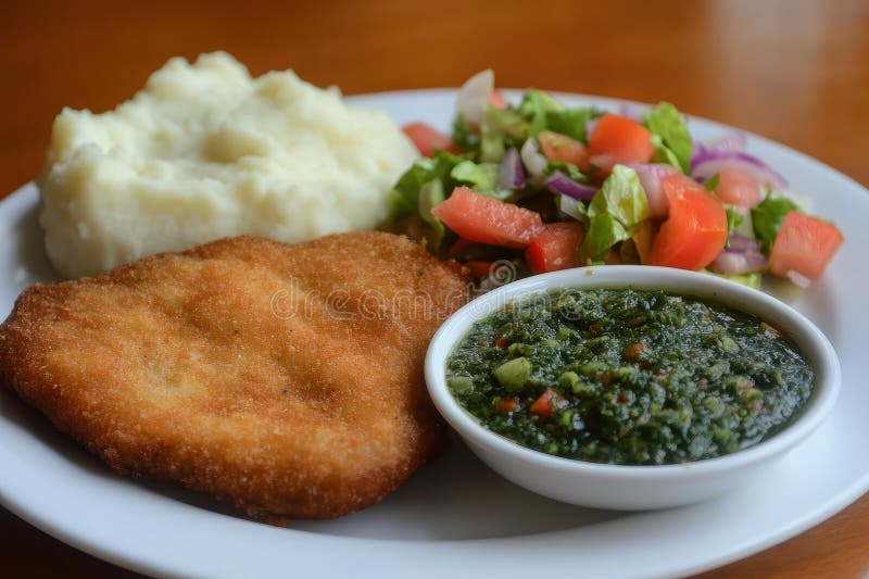 A Plate Featuring Fried Fish, Mashed Potatoes, Salad, and Green Sauce ...